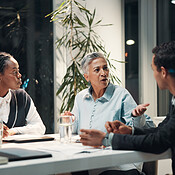 Discussion, night and business people in meeting for financial review ...