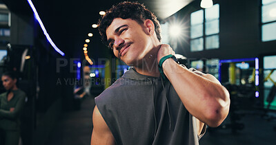 Shoulder pain, injury and man in gym, fitness and training with ...