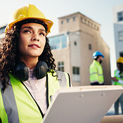 Thinking, clipboard and engineer with woman on rooftop for building ...