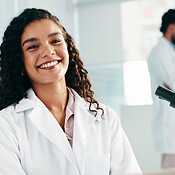 Scientist, woman and smile with portrait in lab for medical research ...