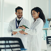 Science, teamwork and people on tablet in laboratory for research ...