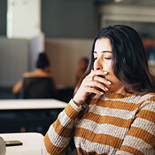 Yawning, employee and woman with laptop, office and reporter with ...