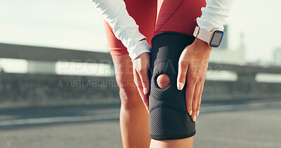 Fitness, hands and woman in city with knee pain, muscle sprain and tendon discomfort. Runner ...