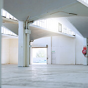 Building, industrial architecture and empty space with interior design ...