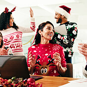 Christmas, colleagues and applause in boardroom, celebration or high ...