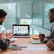 Communication, laptop screen and video call with business people in ...