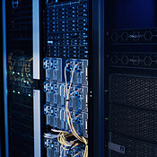 Empty data center, cables and storage in server room for IT ...