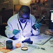 Investigation, forensic analysis and brush knife with uv light, dust ...