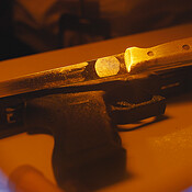 Person, detective and knife for evidence in office with forensic ...