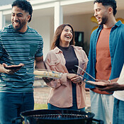 Friends, people and happy for barbecue at house, social gathering or ...