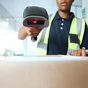 Hands, tablet and scanner with box for delivery for courier service ...