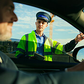 Window, police officer and stop with man in car for sobriety checkpoint ...