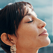 Face of woman, thinking and outdoor rest, fresh air and relaxing moment ...