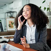 Media agency, phone call and woman in workplace, smile and copywriting ...