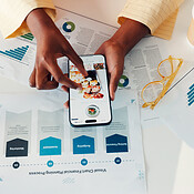 Menu, above and hands in office with phone screen, scrolling and ...
