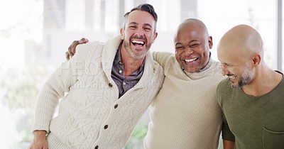 Three diverse men standing together in unity while smiling, laughing ...
