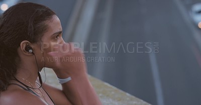 Sweating, tired and breathe woman running city for marathon training ...