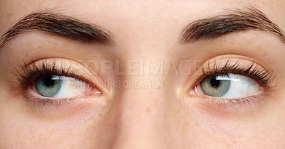 Blue eye focus, woman face zoom and eyes vision for a optometrist test ...