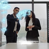 Future, touch screen technology and futuristic engineering designers ...