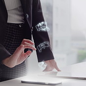 VR, 3D and futuristic smartphone technology and business woman with ...