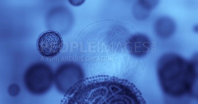 Bacteria, microscope virus and zoom of particles moving slowly in experiment on a blue ...