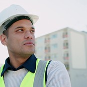 Contractor man, building and construction worker thinking, planning and ...