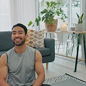 Influencer, fitness and training with a sports man live streaming or ...