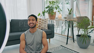Influencer, fitness and training with a sports man live streaming or ...