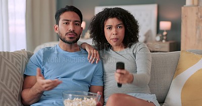 Arguing couple, tv remote and controlling woman changing the channel to ...