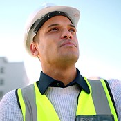 Contractor, building engineer and construction worker thinking ...