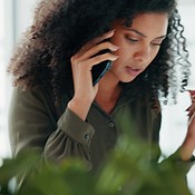 Stress, business and phone call with woman angry about conflict while ...