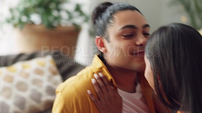 Couple, love and boyfriend kissing forehead of his happy and relaxed ...