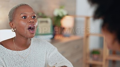 Black woman gossip and talking with friends on the sofa in her home ...