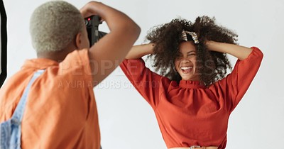 Happy model, photographer and photography with a black woman shooting ...