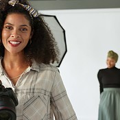 Photographer, model and fashion with a woman photography professional ...