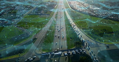 City, highway and road iot network, cars or traffic, digital grid or ...