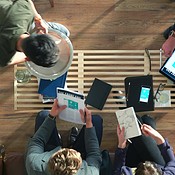 Speed, collaboration and meeting of business people team work on ...