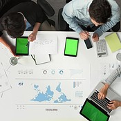 Chroma key, tablet green screen and mockup space of technology in a ...