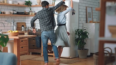 Love, dance and happy couple spinning while dancing in celebration of ...