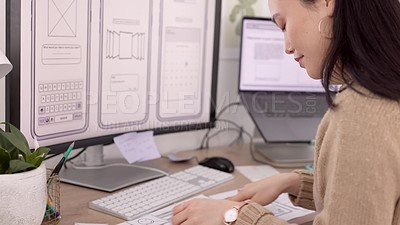 Woman, tablet and ui ux design with the developer being creative for ...