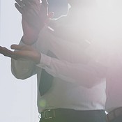 Business men, clapping hands and applause with partner employees and ...