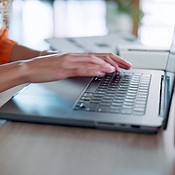 Corporate woman hands, laptop and typing email communication online ...