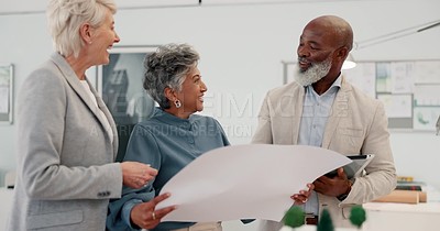 Architecture blueprint, laughing business people and management ...