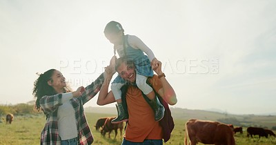 Love, farm animal and happy family play together, bond and enjoy fun ...