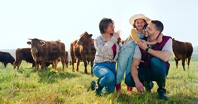 Farmer, family and girl and father bonding in the countryside, learning ...