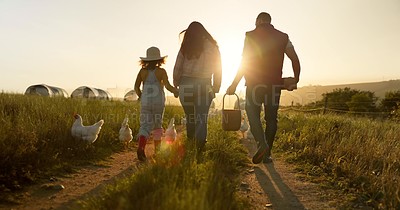 Farmer family, farm and bonding mother, father and girl on environment ...