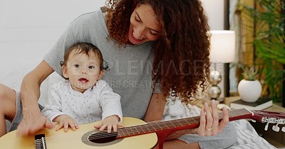 Mother, girl or playing guitar in bedroom of house or family home in ...