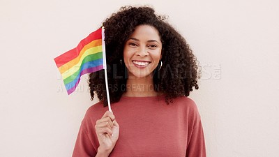 Freedom, vote and pride flag with black woman showing support to the ...