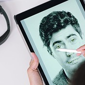Technology, graphic designer and tablet for facial recognition design ...