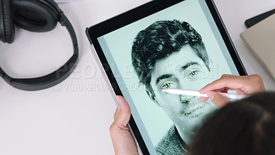 Technology, graphic designer and tablet for facial recognition design ...